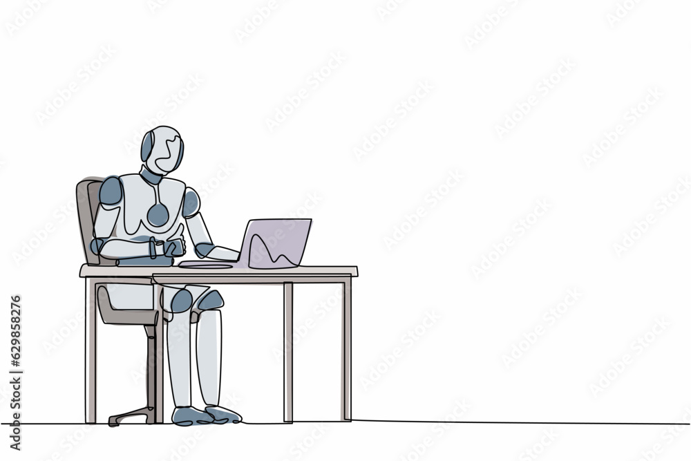 Continuous one line drawing robot giving thumbs up sign in front of ...