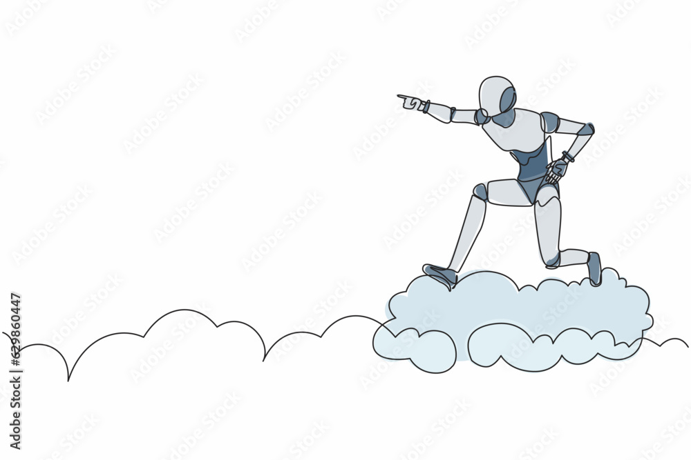 Continuous one line drawing robot ride cloud, pointing forward, go to ...