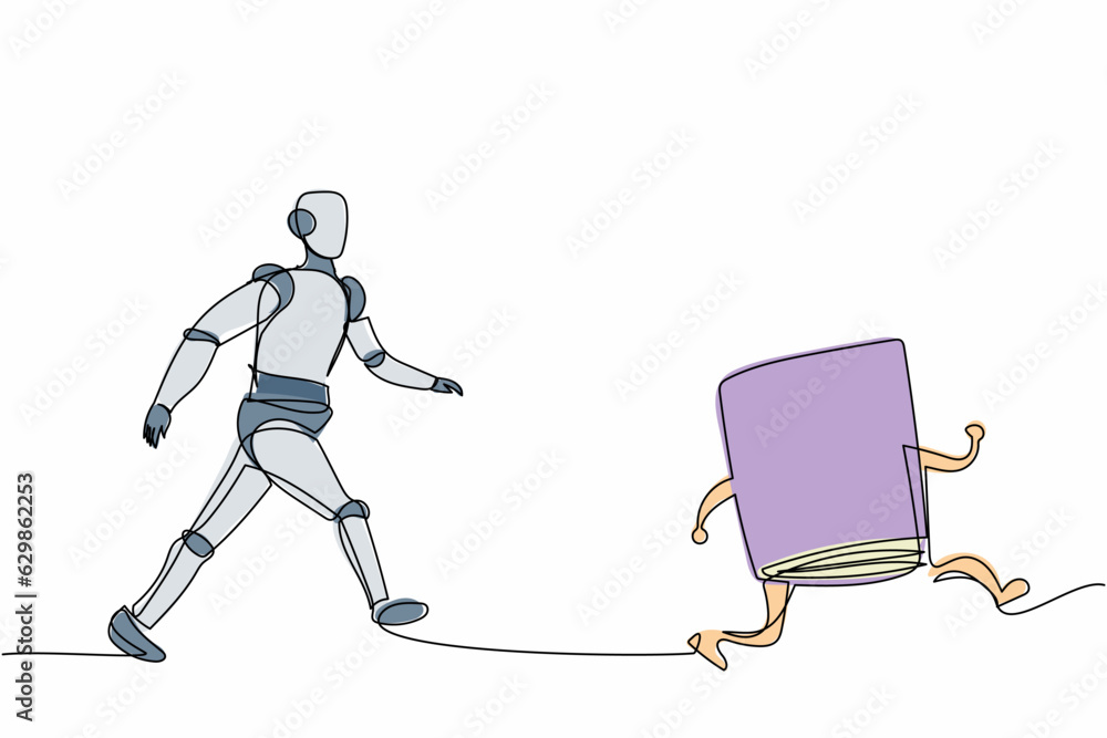 Single one line drawing robot run chasing textbook for learning ...