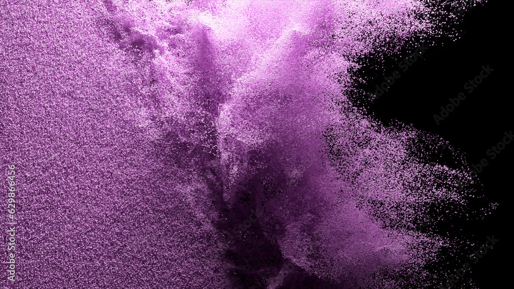 Violet particles fly on a black background. The wind blows away colored ...