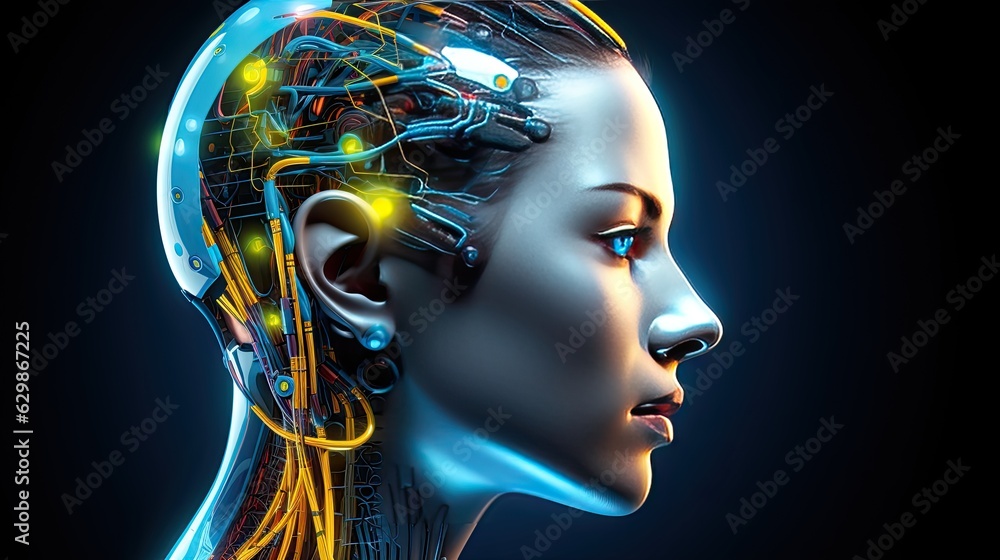 Side view of a humanoid head with blue and yellow eyes and vibrant neon ...