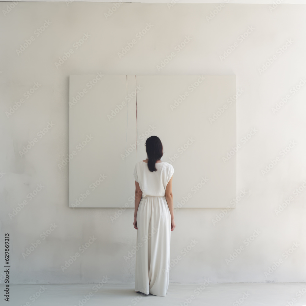 Woman in white clothes standing infront of wall with huge blank canvas ...