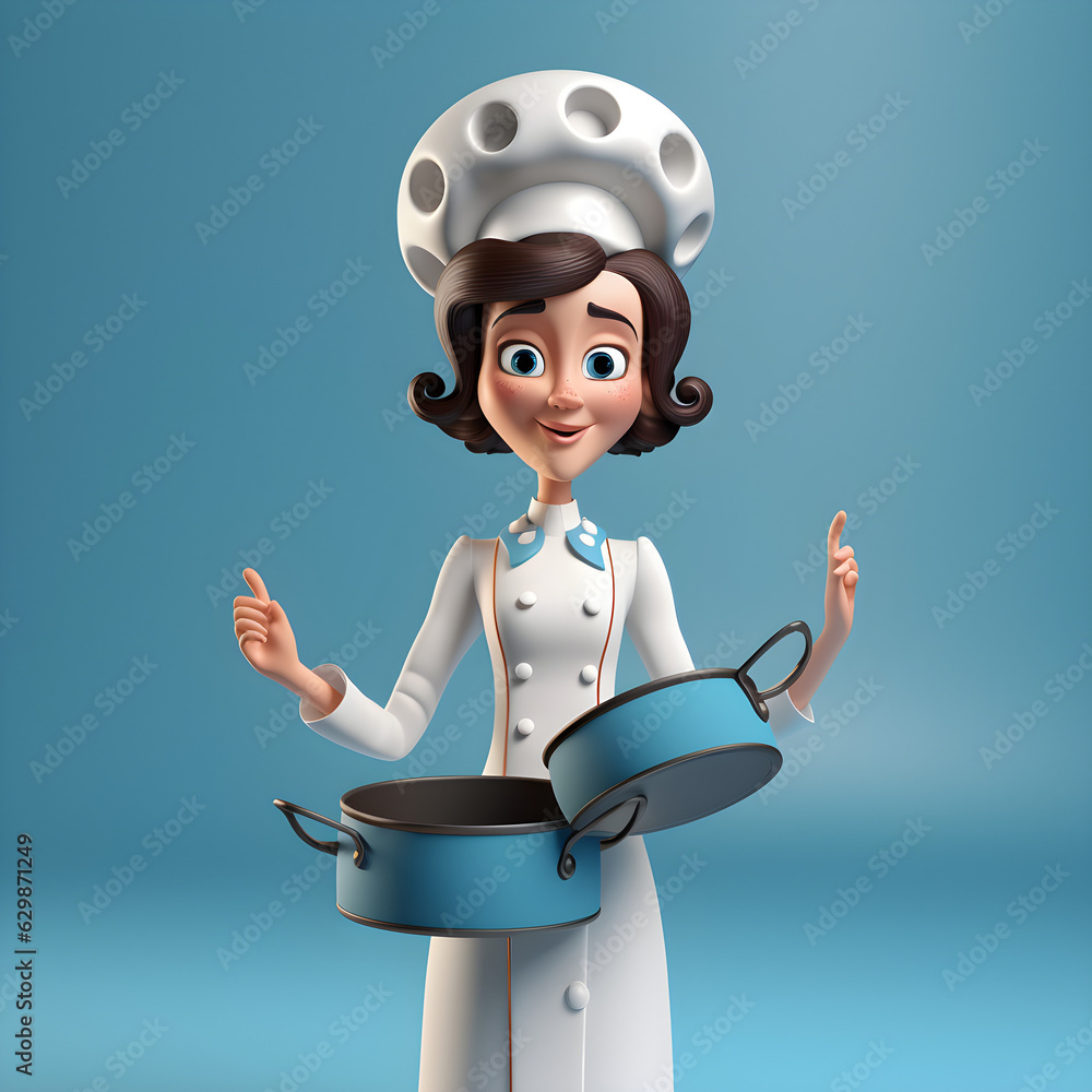 illustration of a cook levitating two blue pots, chefs hat, hands up ...