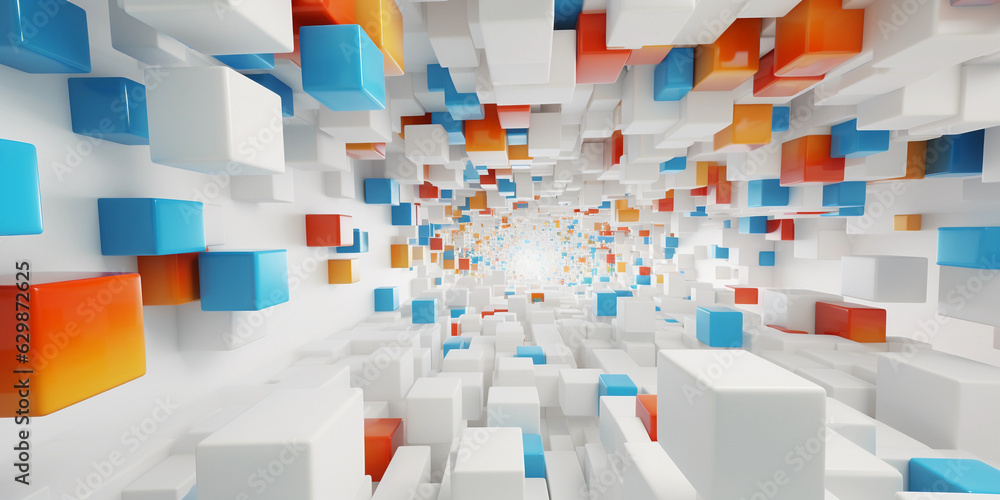 structured chaos of vibrant cuboids levitating in a white void ... structured chaos of vibrant cuboids levitating in a white void ...