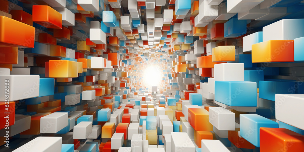 structured chaos of vibrant cuboids levitating in a white void ... structured chaos of vibrant cuboids levitating in a white void ...