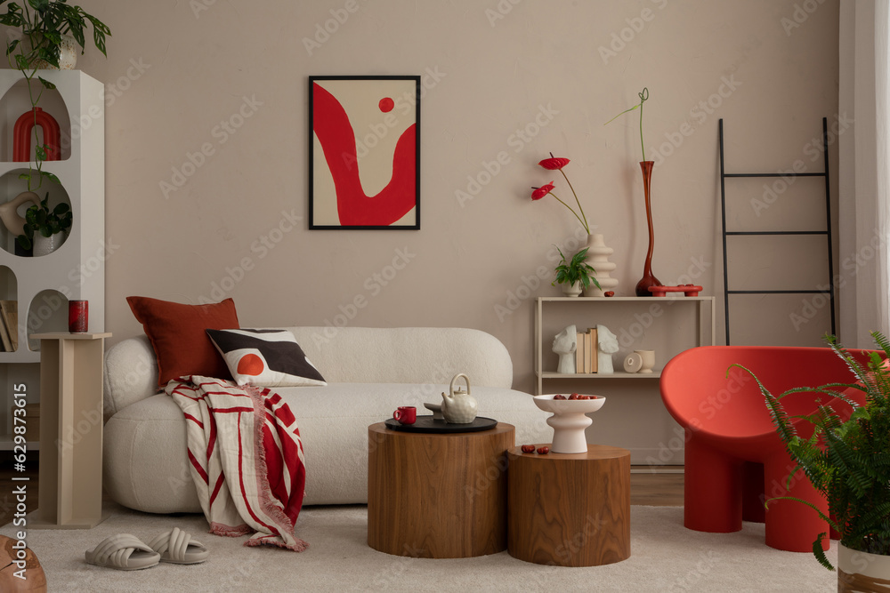 Creative composition of living room interior with mock up poster frame ...