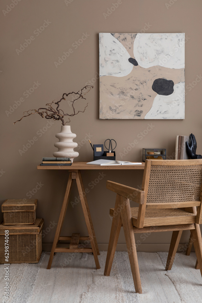 Aesthetic composition of workspace interior with mock up poster frame ...