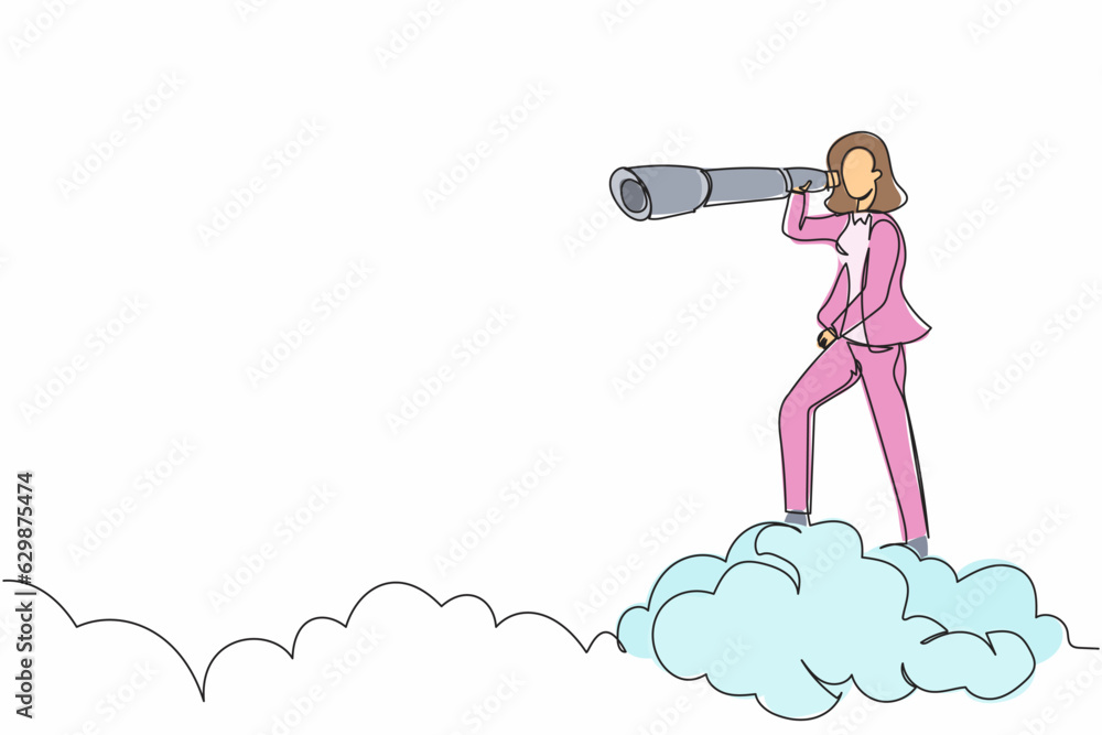 Single one line drawing visionary businesswoman on top cloud holding ...
