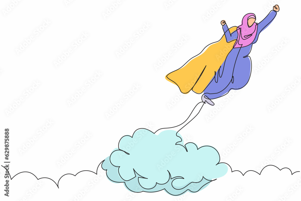 Single continuous line drawing Arabian businesswoman superhero with ...