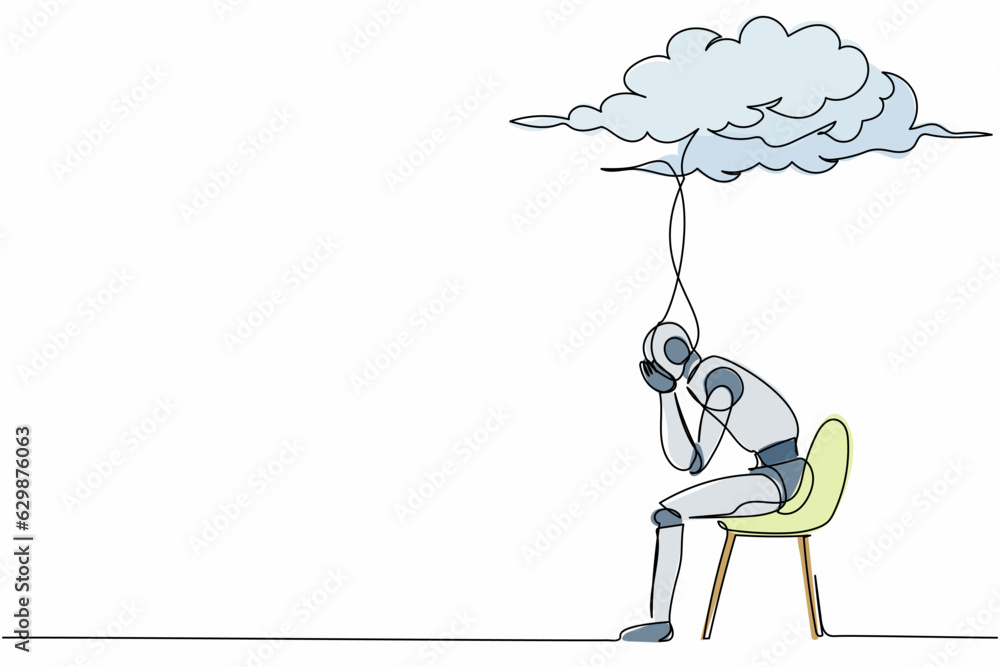 Continuous one line drawing sad robot sitting on chair under rain cloud ...