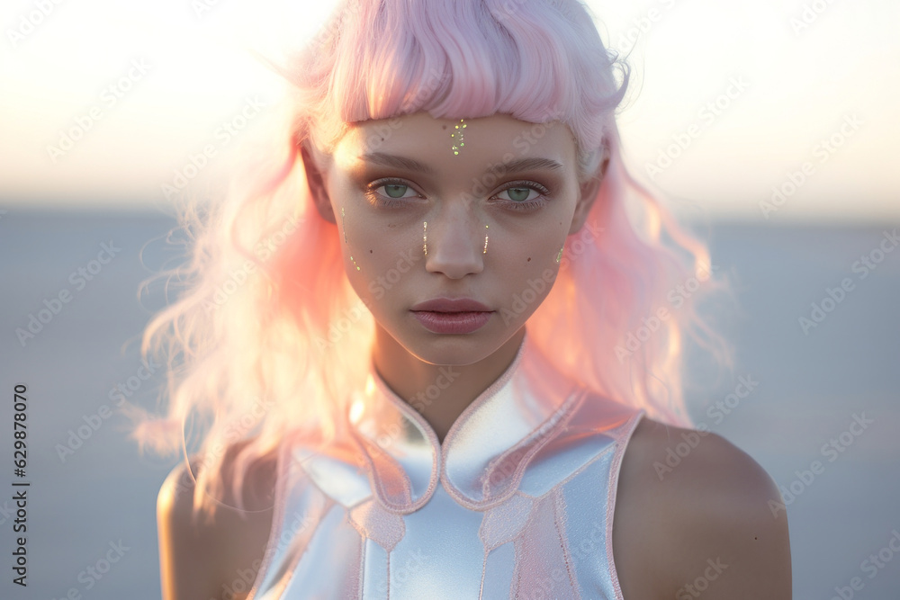 Alien woman wearing a fashionably outrageous outfit of pink hair and ...