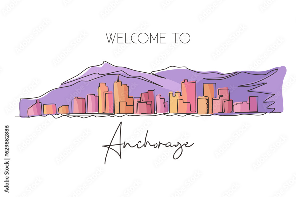 Single one line drawing Anchorage city skyline, Alaska. Famous city for ...