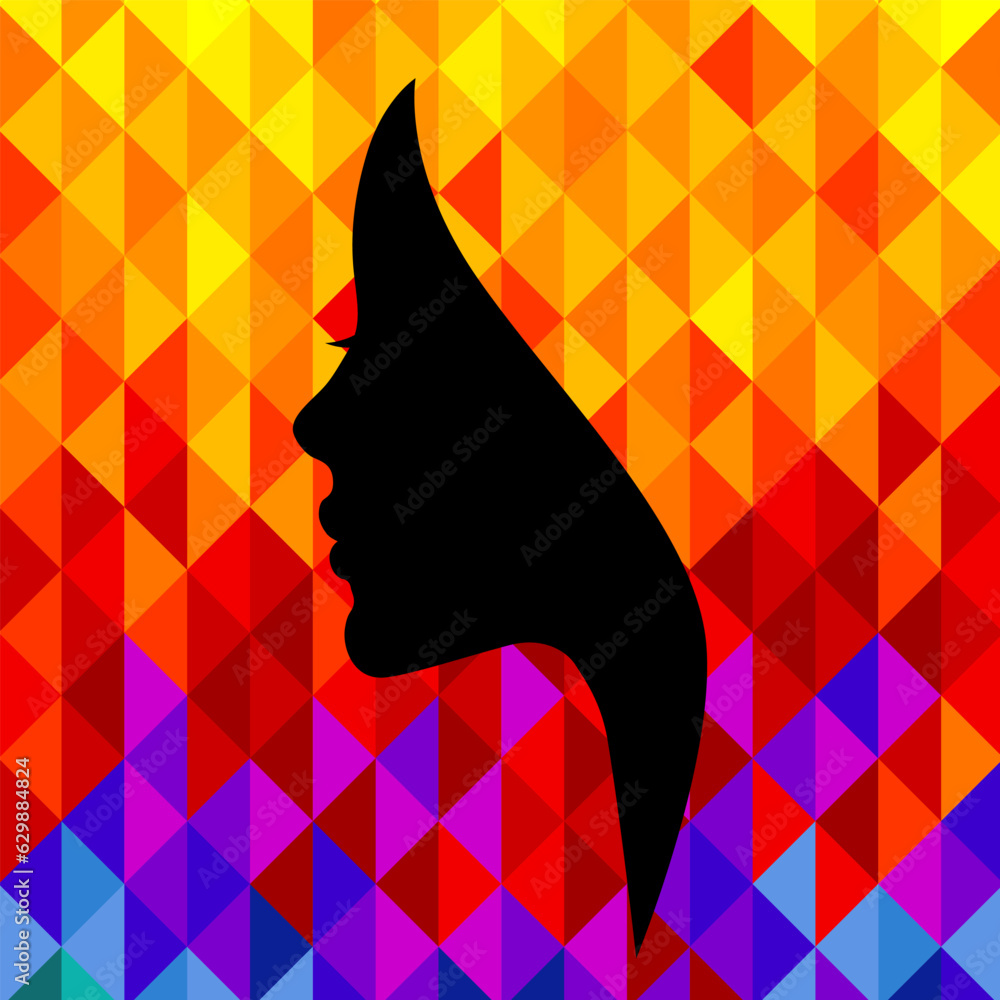 Beautiful young fashion woman makes of bright multicolored low poly ...