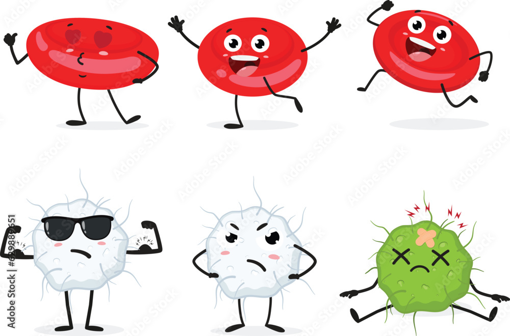Cartoon red and white blood cells, set of Cute characters, Isolated on ...