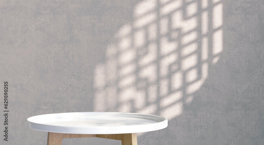 Minimal, modern round glossy wood podium in sunlight and Chinese window ...