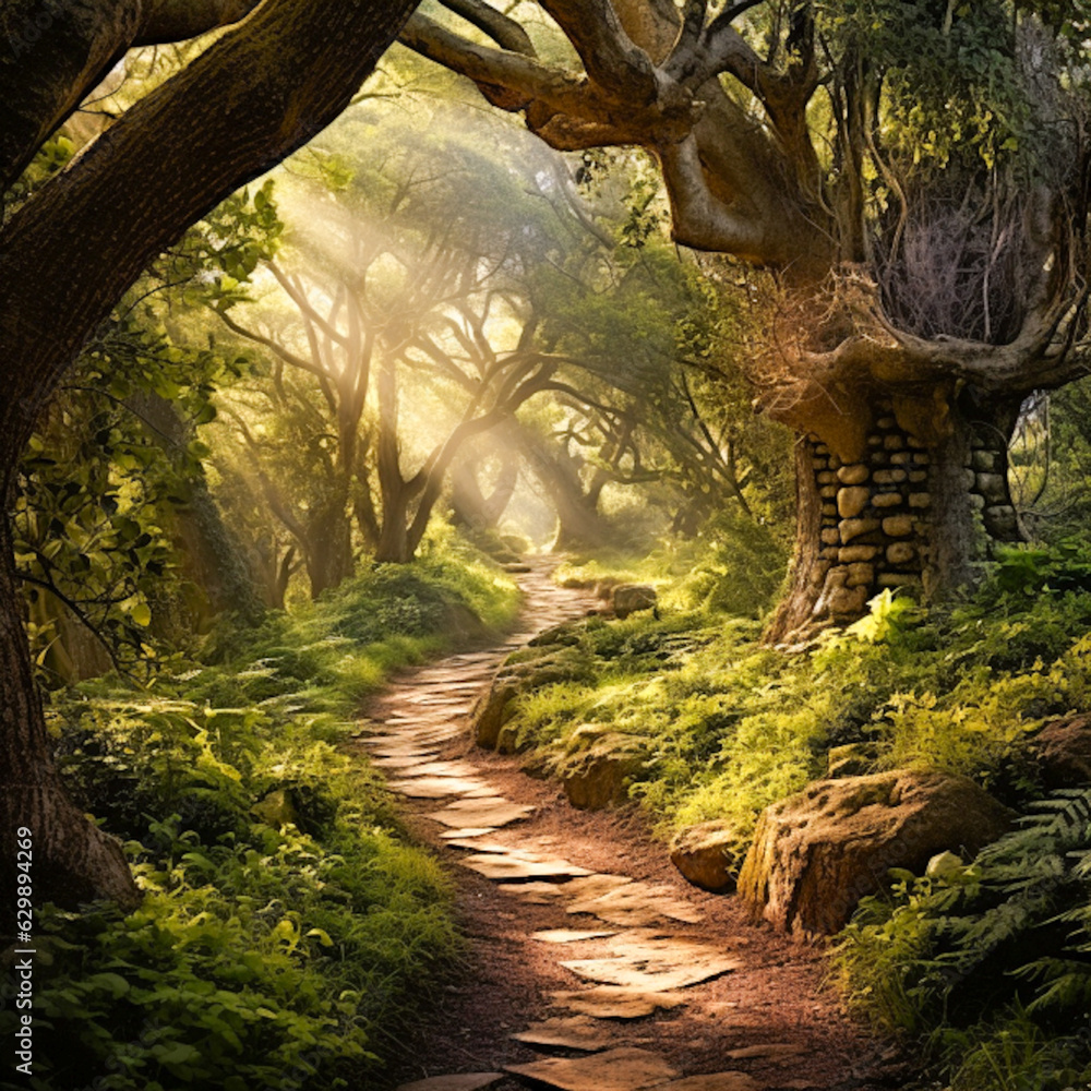 Enchanted Forest Trail: Sunbeams Dancing Through Ancient Trees Stock Photo | Adobe Stock