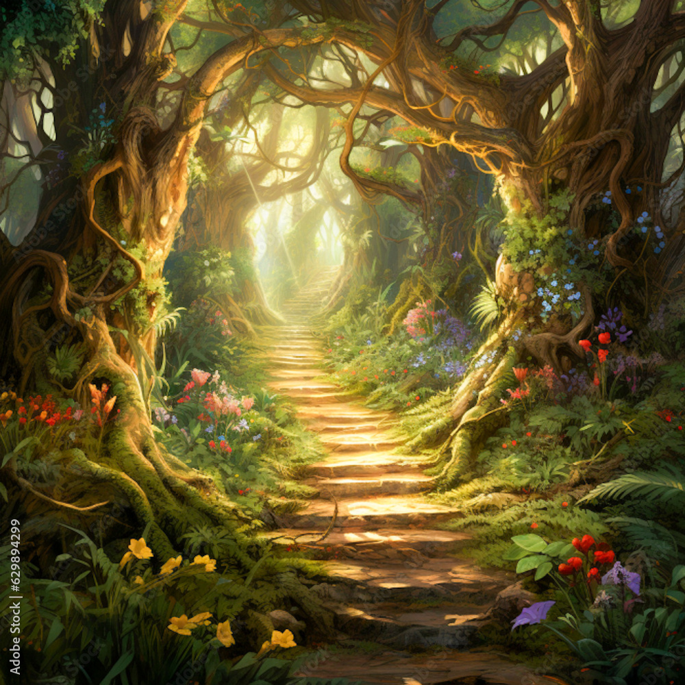 Whimsical Forest Pathway: A Journey Through Enchanted Woods Bathed in ...