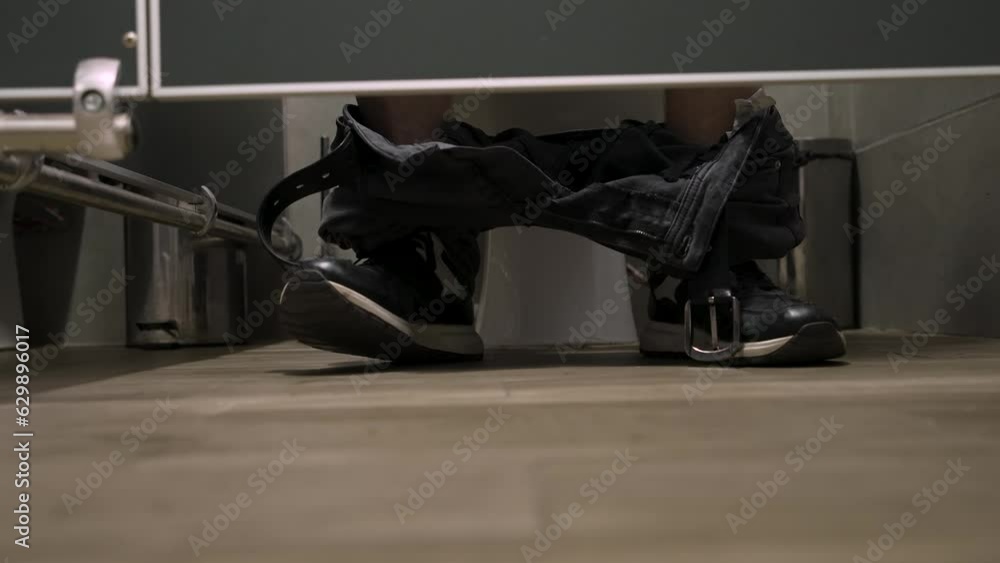 A man pulls down his pants in the office toilet and sits on the toilet ...