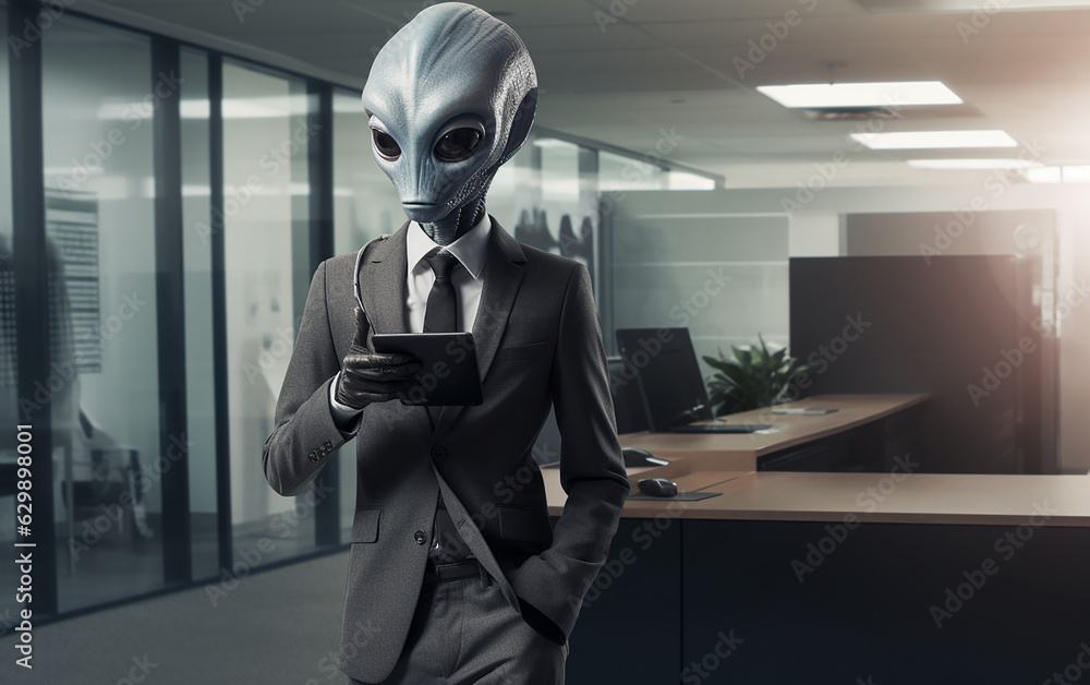 Grey Aliens are professionally dressed in business suits while carrying ...