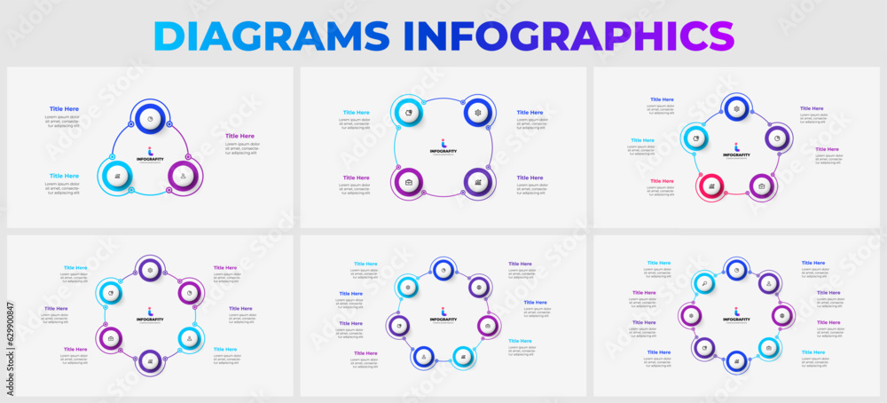 Set of infographic presentation slides. Cycle diagrams with 3, 4, 5, 6 ...