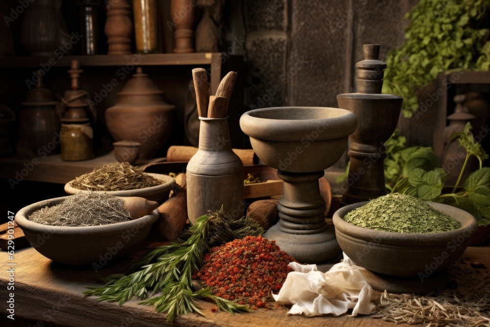 mortar and pestle grinding various medicinal herbs Stock Photo | Adobe ...