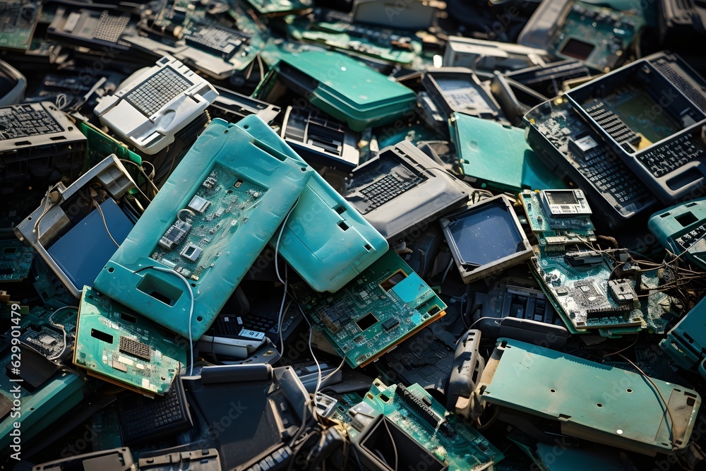 Pile of broken electronics at a waste facility, waiting to be recycled ...