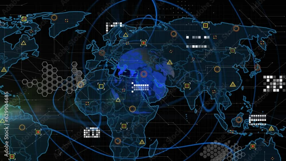 Animation of spiral pattern over map, globe, circuit board pattern ...
