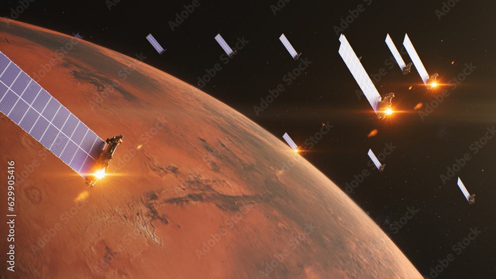 Realistic 3D graphics of Mars spinning in dark outer space. Solar cell ...