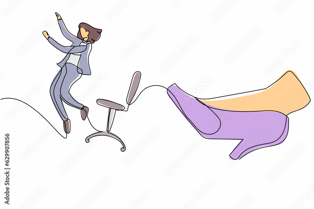 Single one line drawing young small businesswoman kicked out by big ...