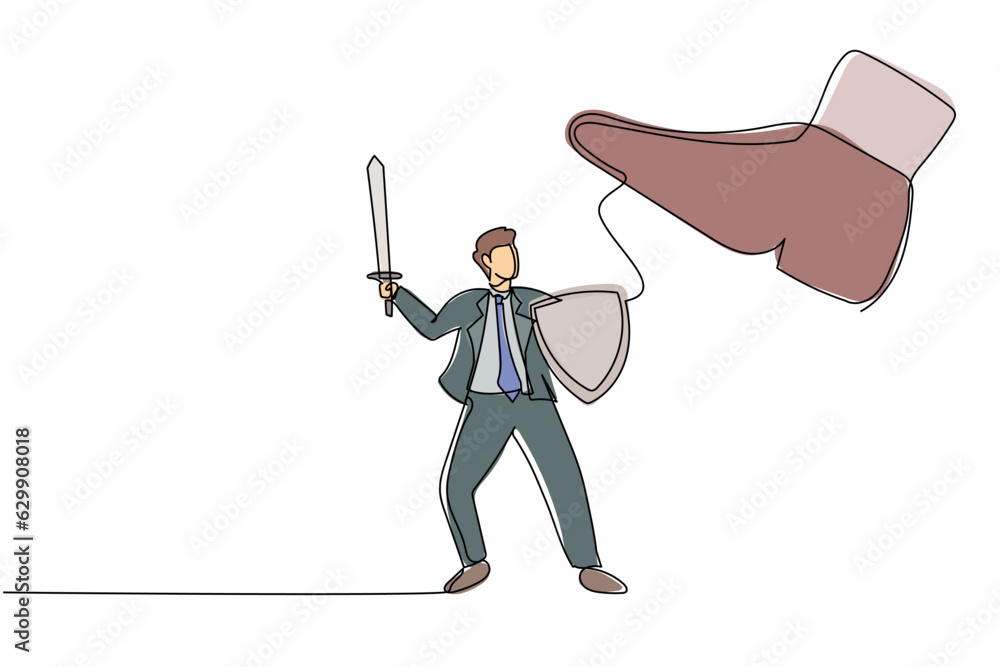Single continuous line drawing active businessman fight to giant foot ...