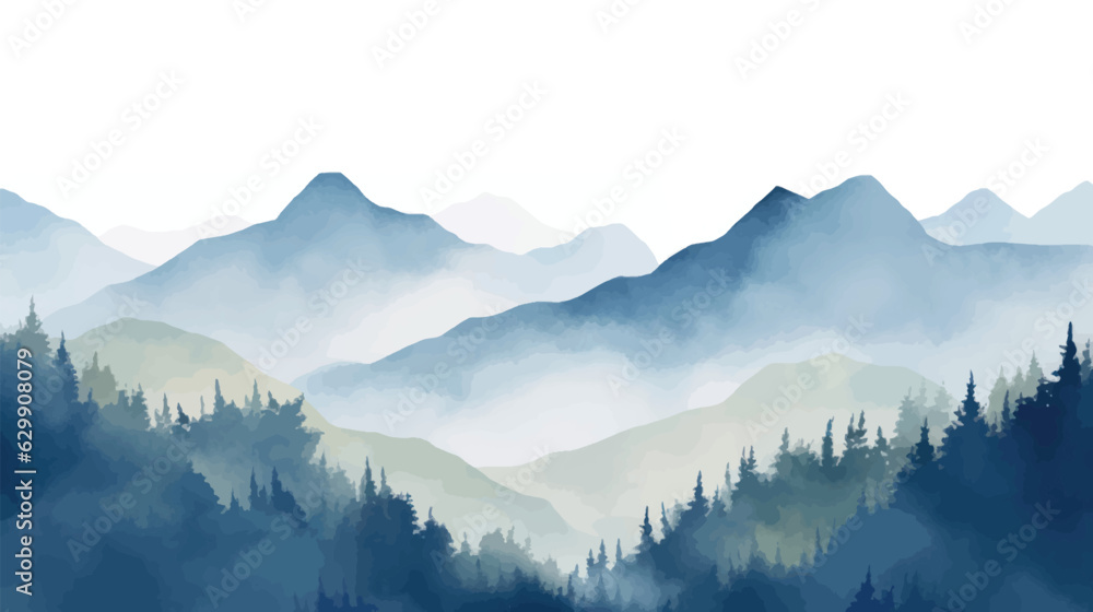 Landscape hills abstract art watercolor painting background with birds ...
