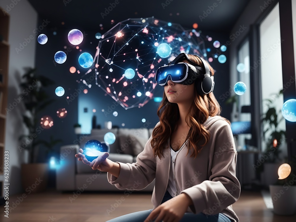 Young Creative Female Wearing a Virtual Reality Headset at Home. Woman ...