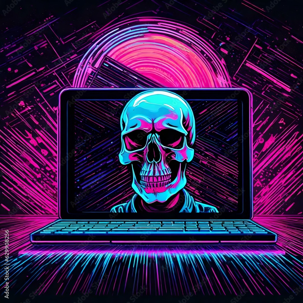 retrowave, synthwave, neon colors, a laptop with a skull on the screen ...