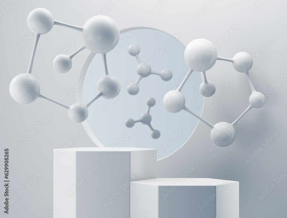 molecule on white wall with display podium mockup background for ...