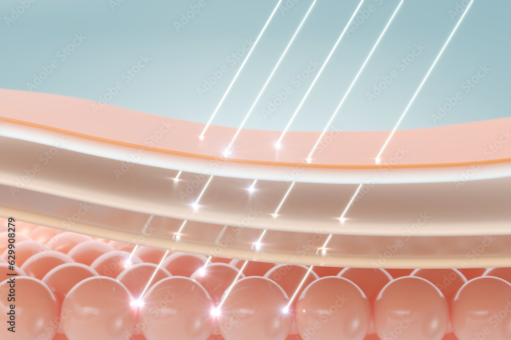 Laser shot through skin cell layer, skin and Facial treatment. 3D ...