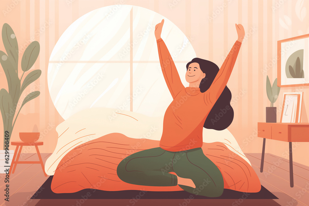 Generative AI. Happy young girl waking up in home bedroom. The woman ...