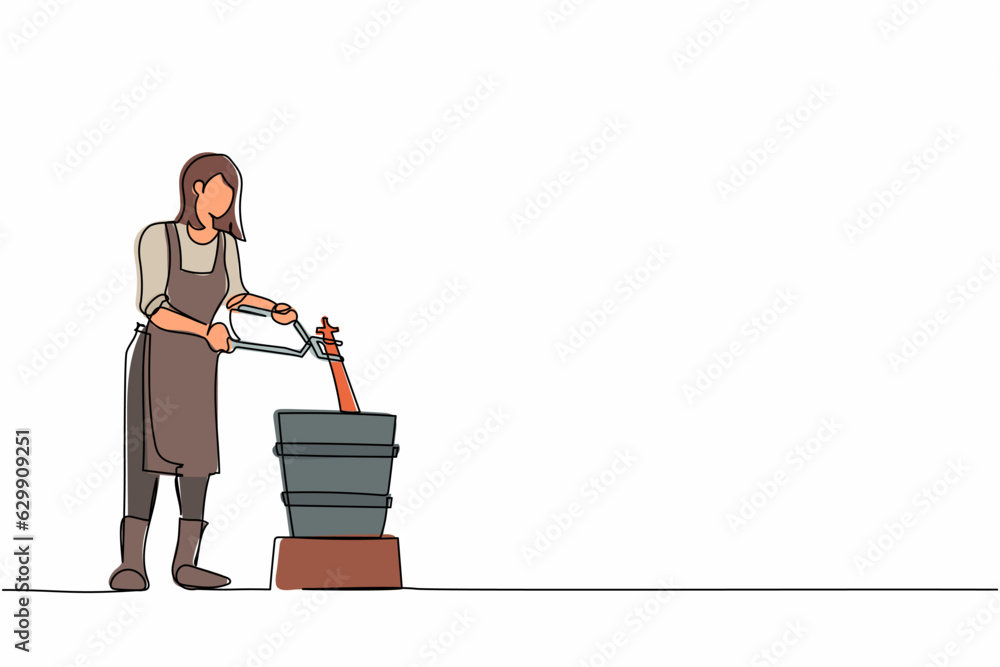 Single continuous line drawing cute female blacksmith master in apron ...