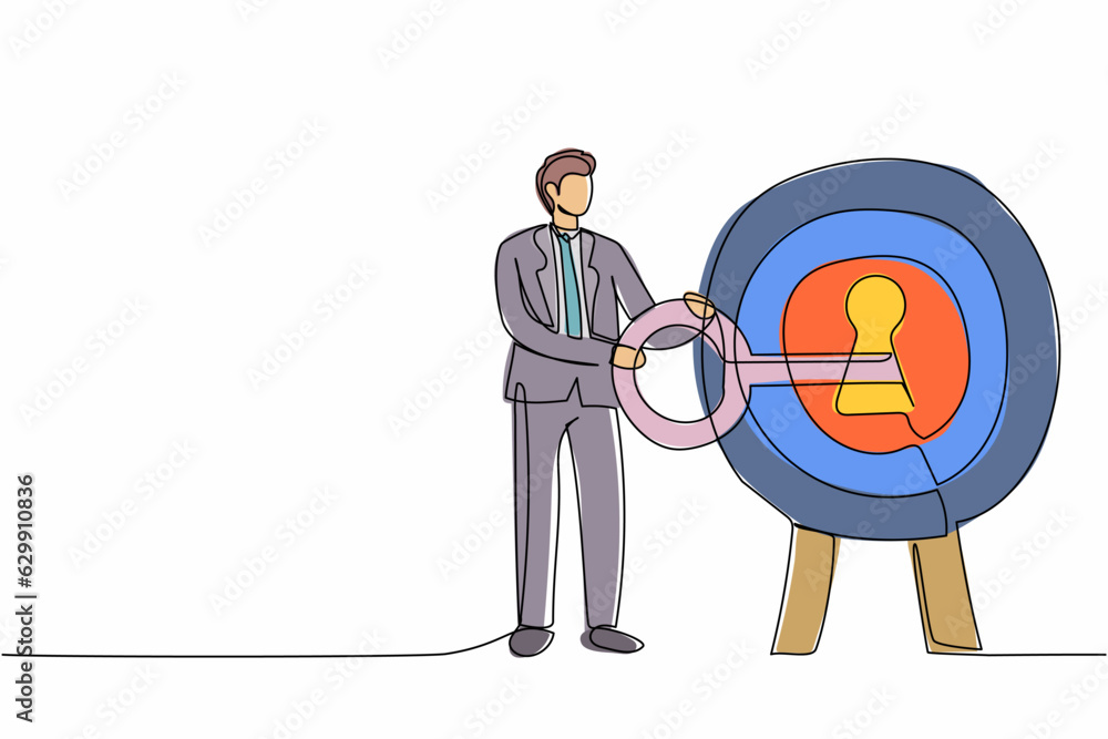 Single continuous line drawing businessman putting big key into ...