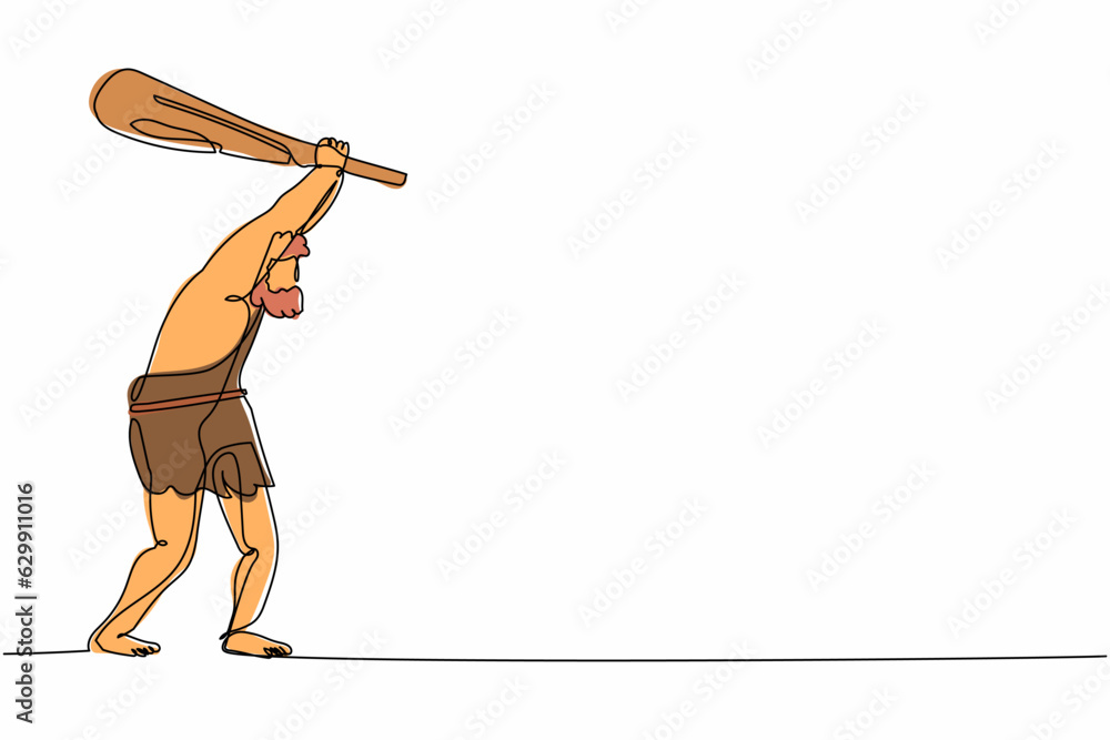 Single continuous line drawing caveman holding and raised cudgel ...