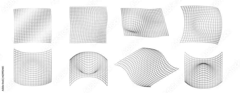 Distorted grid shapes isolated. Retrofuturistic warped mesh grid ...