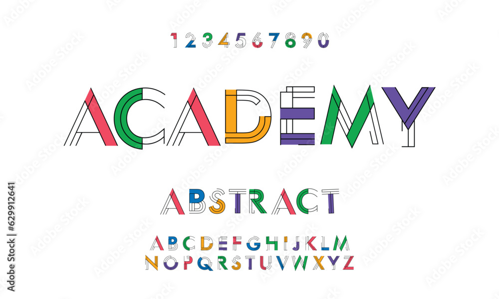 ACADEMY Line condensed alphabet and font. Colorful uppercase outline ...