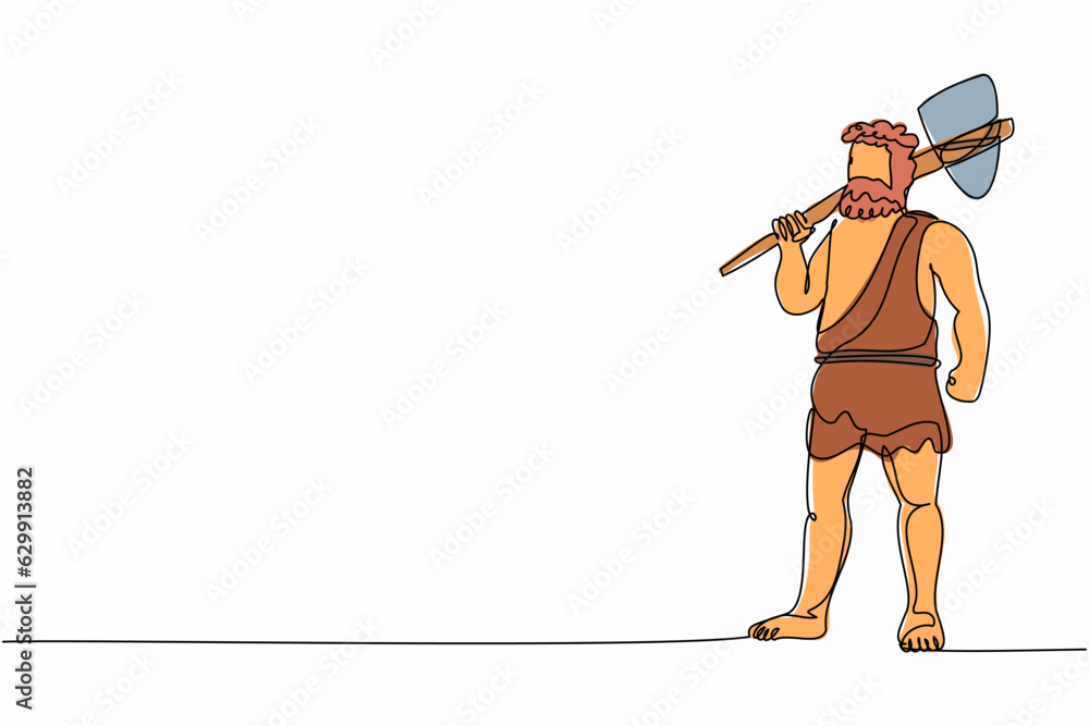 Vetor de Continuous one line drawing prehistoric man holding stone axe ...