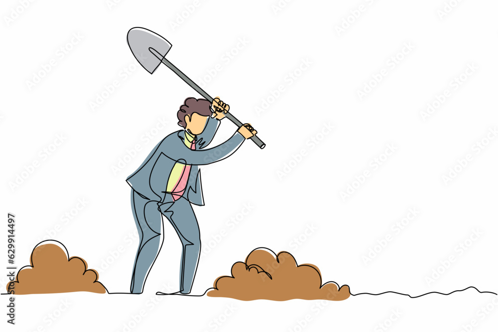 Single one line drawing active businessman digging in dirt using shovel ...