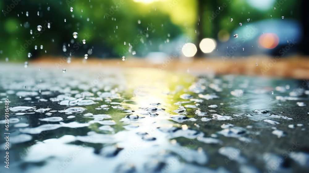 Partial close-up of raindrops falling on the ground, water ripples ...