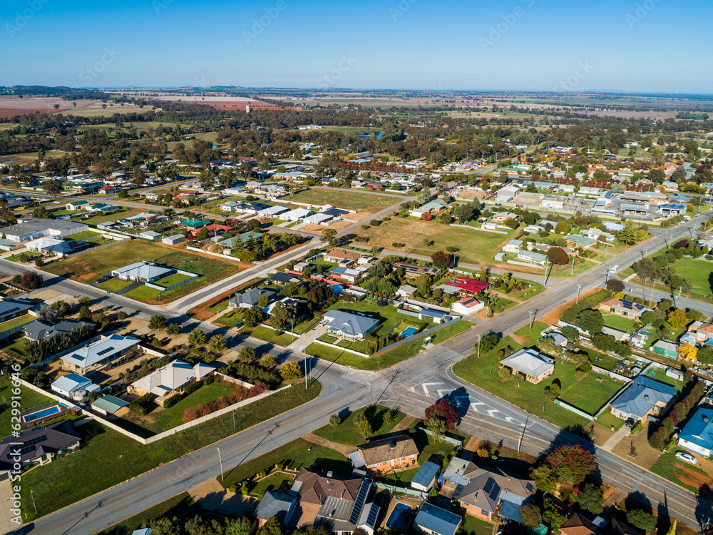 intersecting streets with spaced out houses in country town surrounded ...