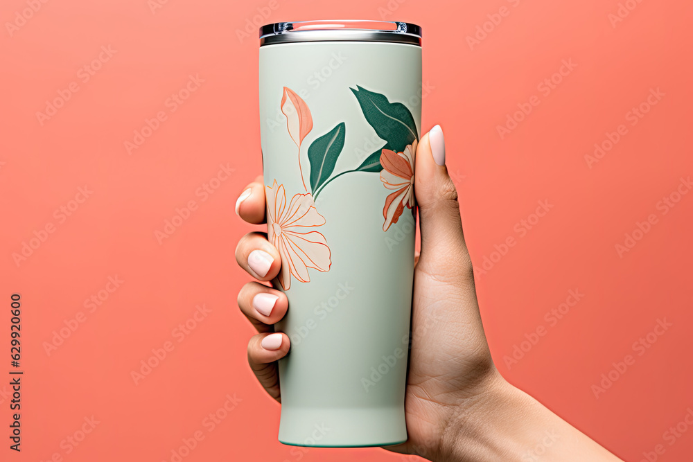 Realistic Hand Holding 20oz Skinny Tumbler Mockup with Full Wrap Design ...