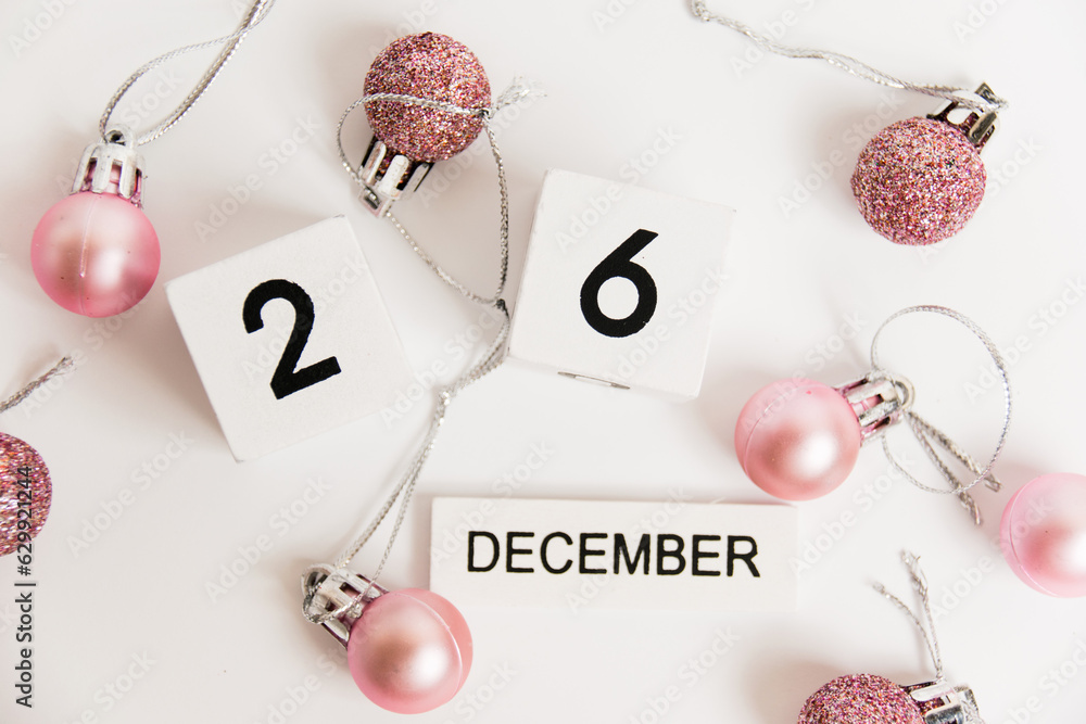 Boxing Day, wooden calendar with the date December 26 and decor on a ...