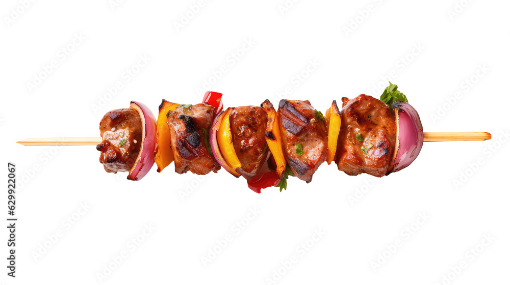 One little kebab on a wooden stick with meat and vegetables. Shish ...