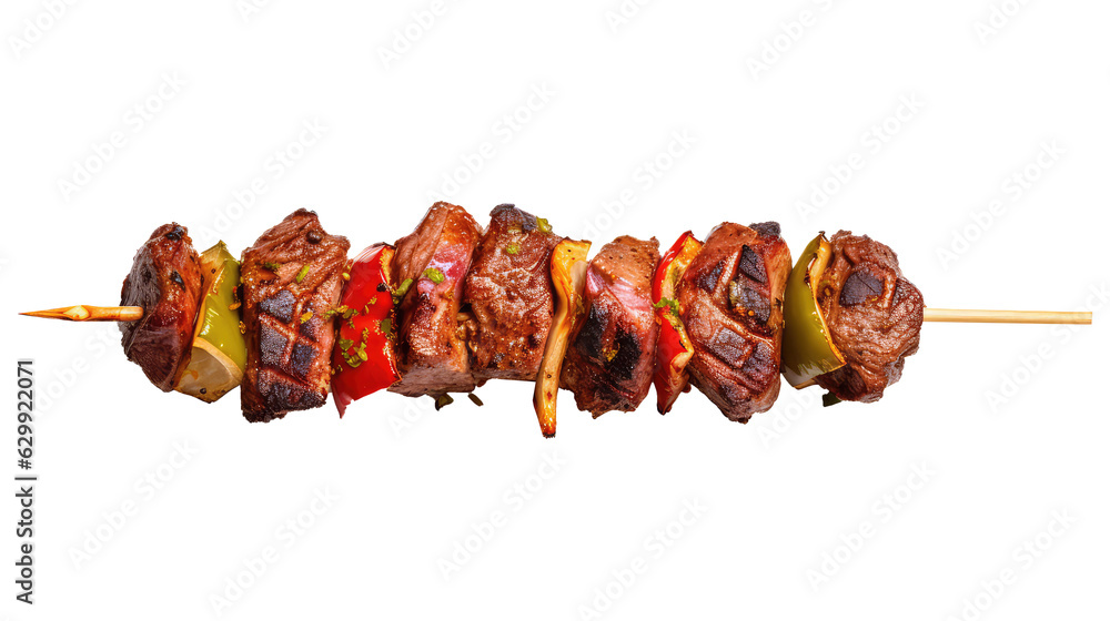 One little kebab on a wooden stick with meat and vegetables. Shish kebab on skewer isolated on ...