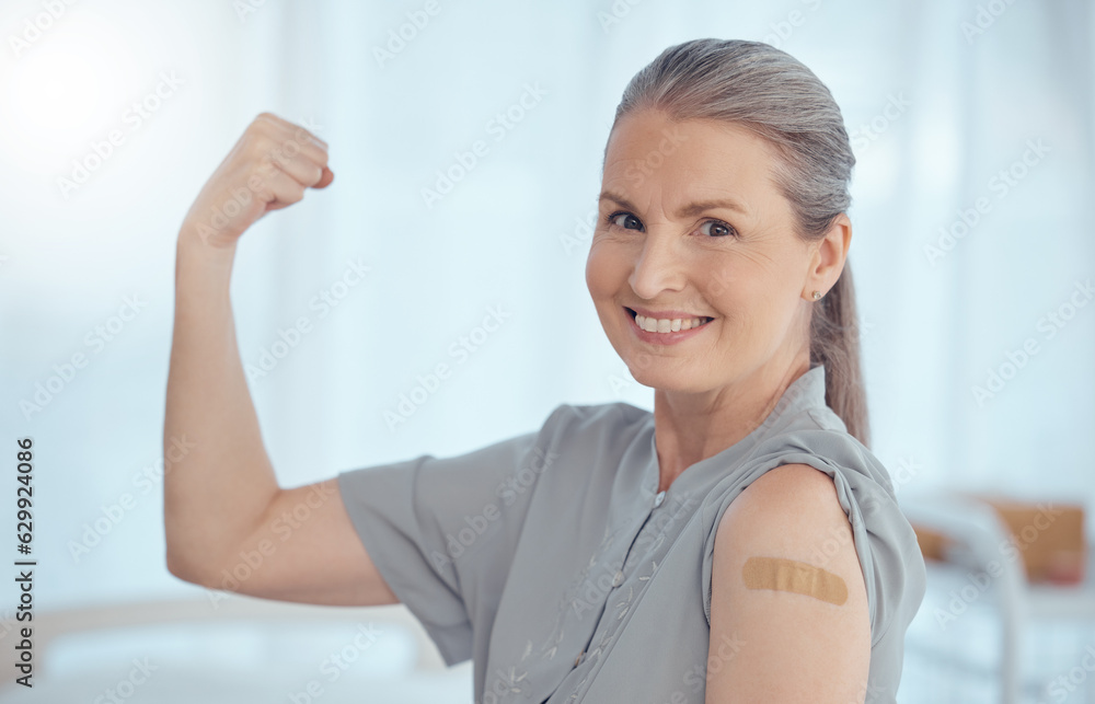 Strong, portrait and a woman with a plaster from a vaccine, healthcare ...